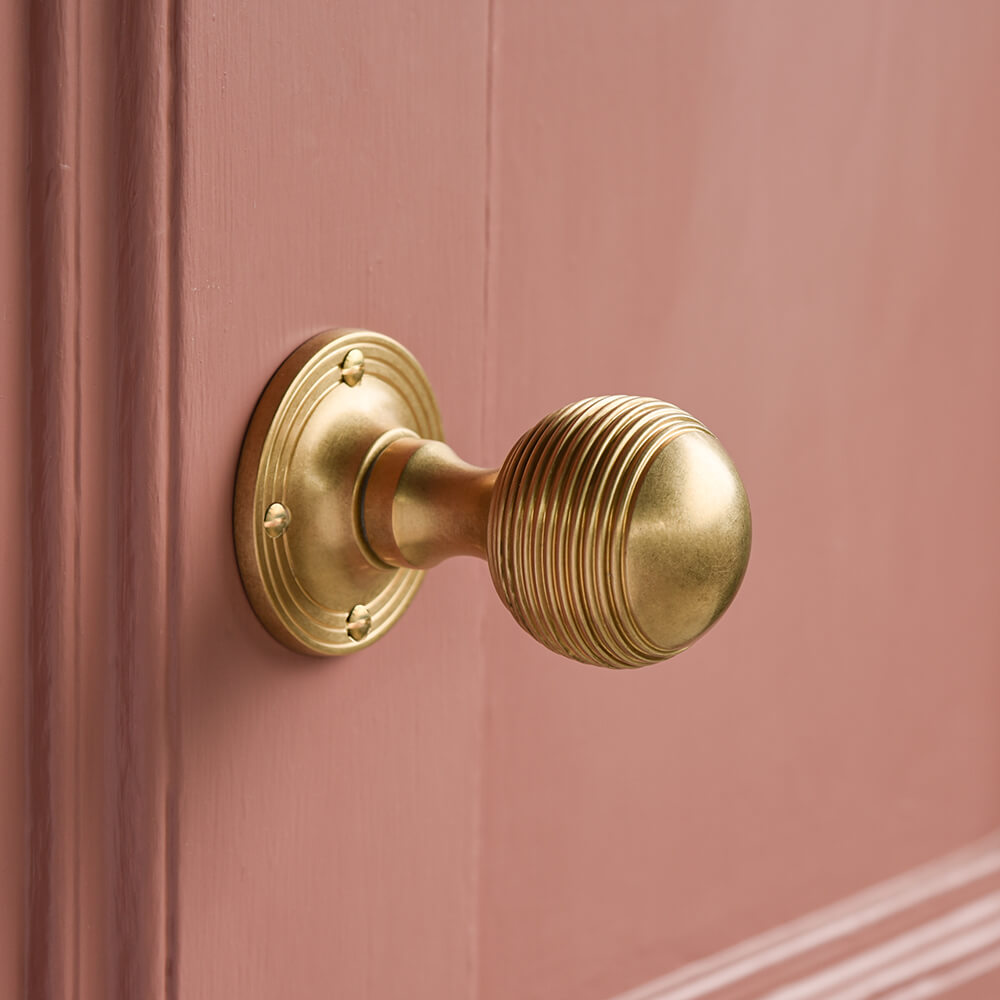 Antique brass door knobs - Beehive door handles - Reeded handles