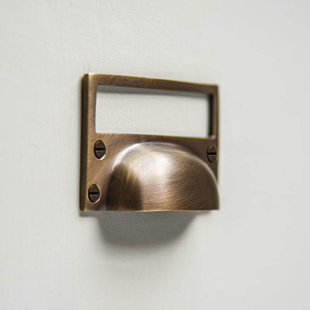 Brass drawer handles - Cup pull handle - Brass label holder